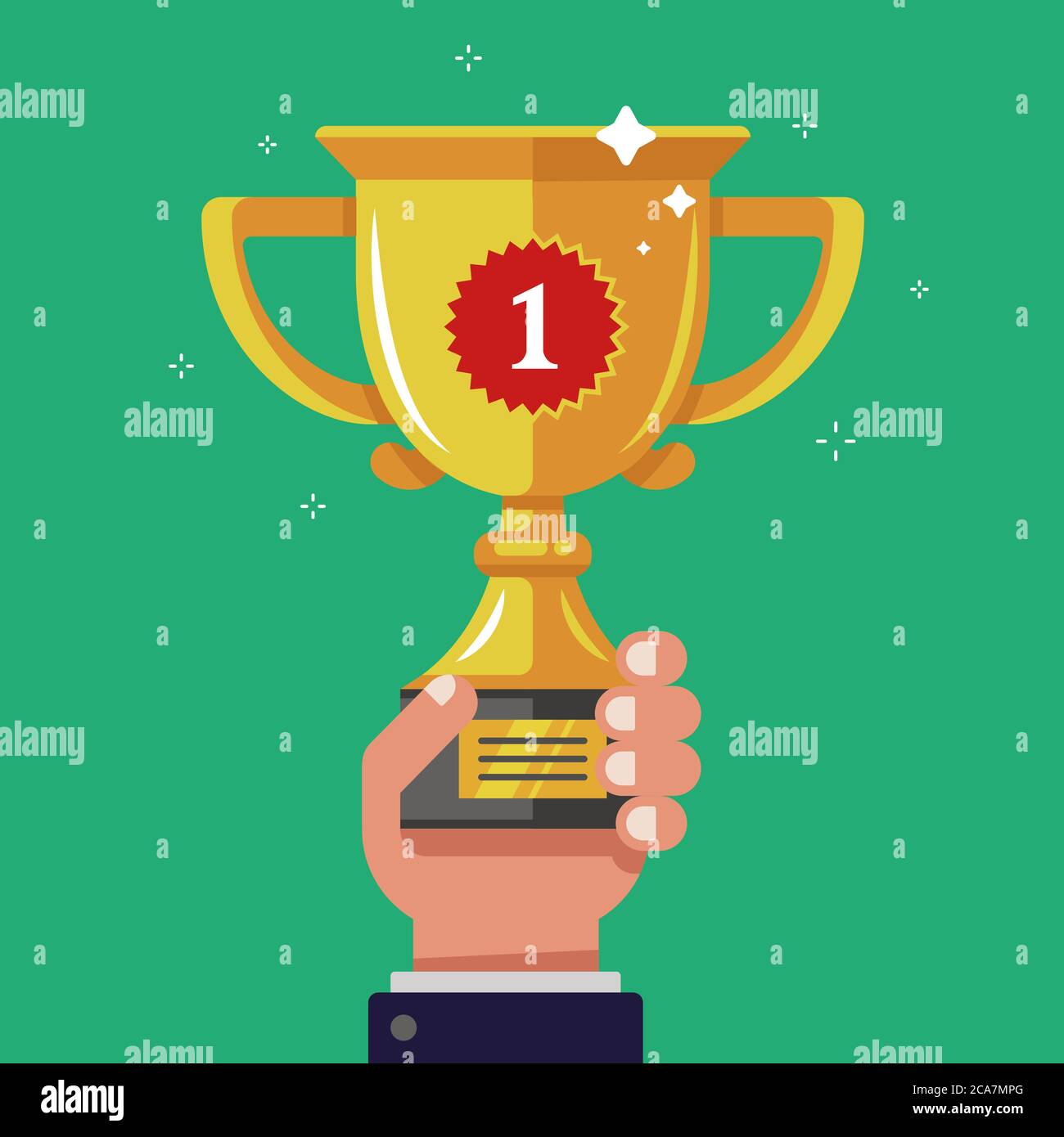hold the winner's golden cup in hand. raise up the reward. flat vector ...