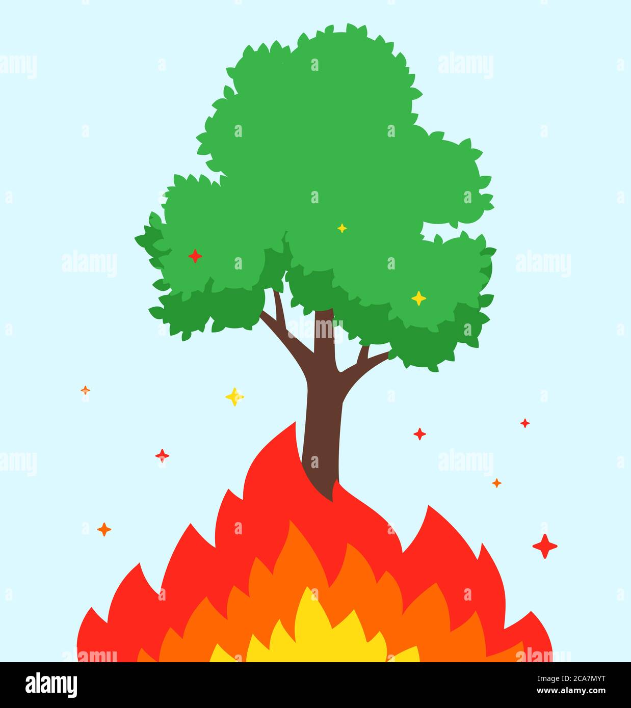 the tree is burning. fire in the forest. the flame burns. flat vector ...