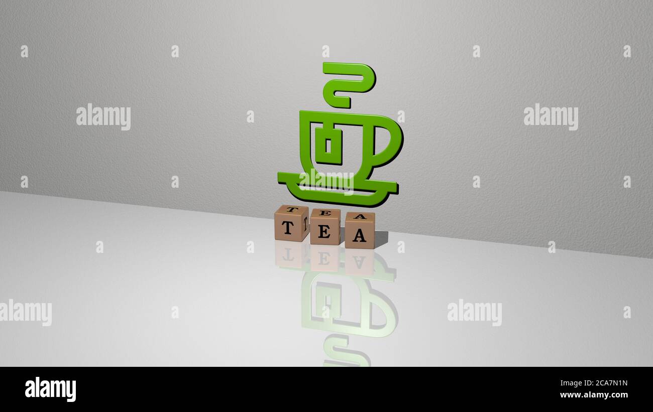3D representation of tea with icon on the wall and text arranged by ...