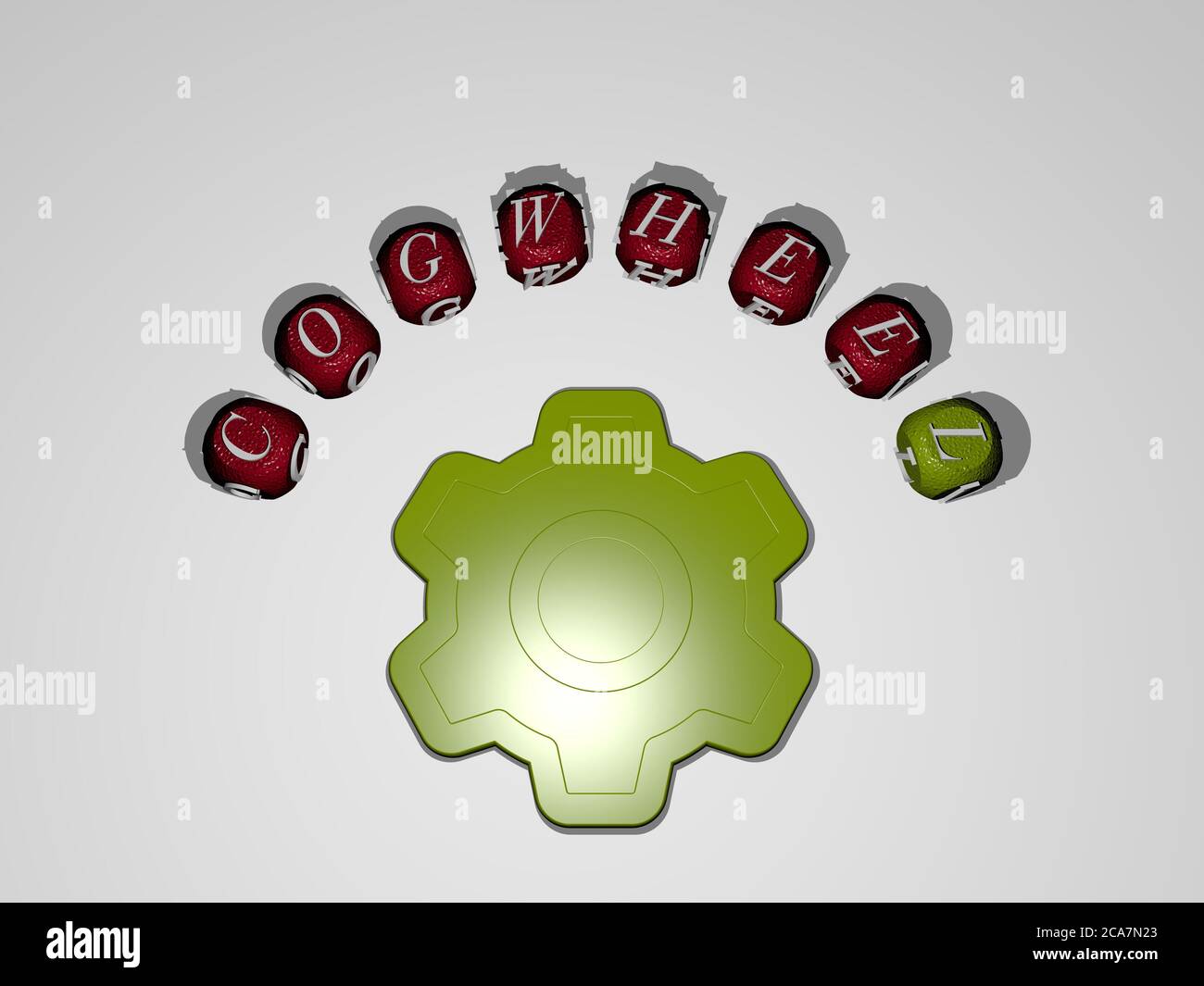 3D representation of COGWHEEL with icon on the wall and text arranged ...