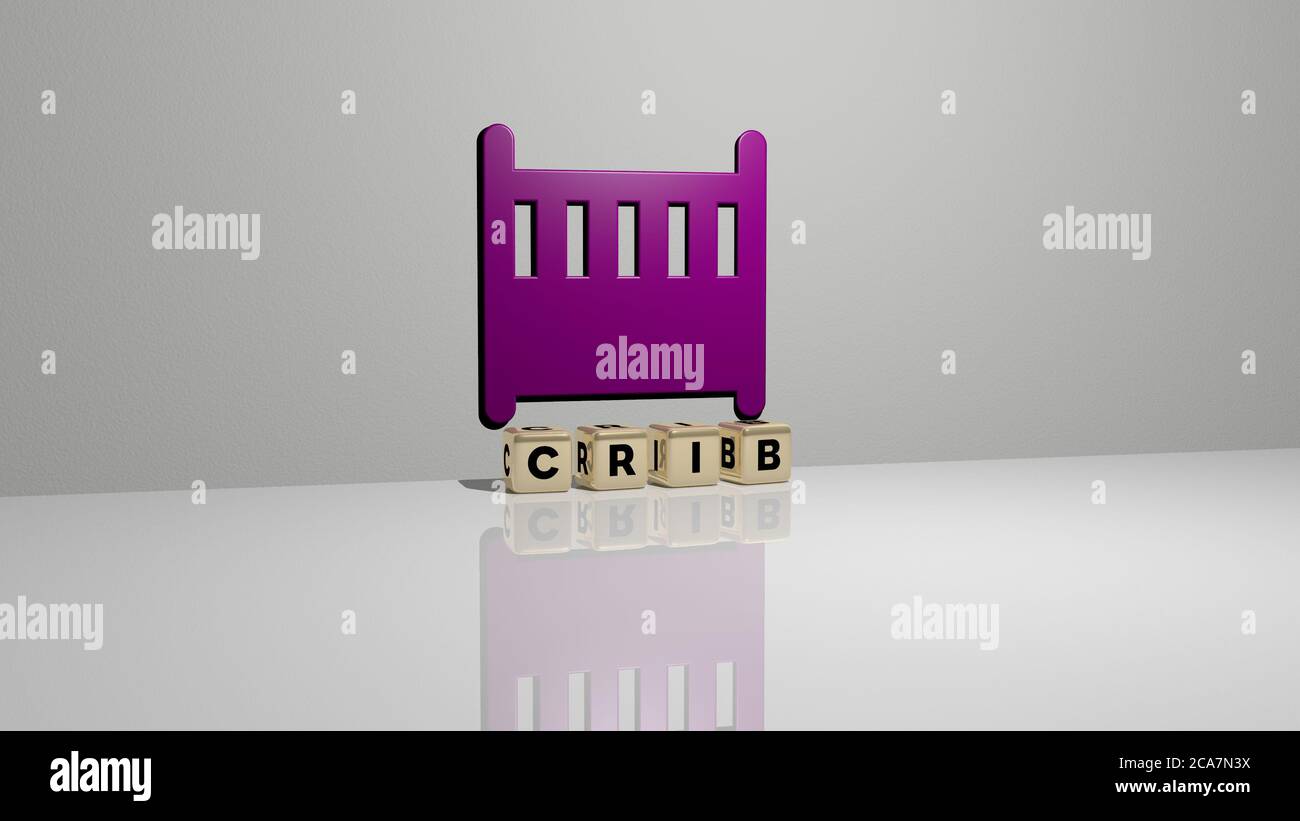 3D representation of crib with icon on the wall and text arranged by ...