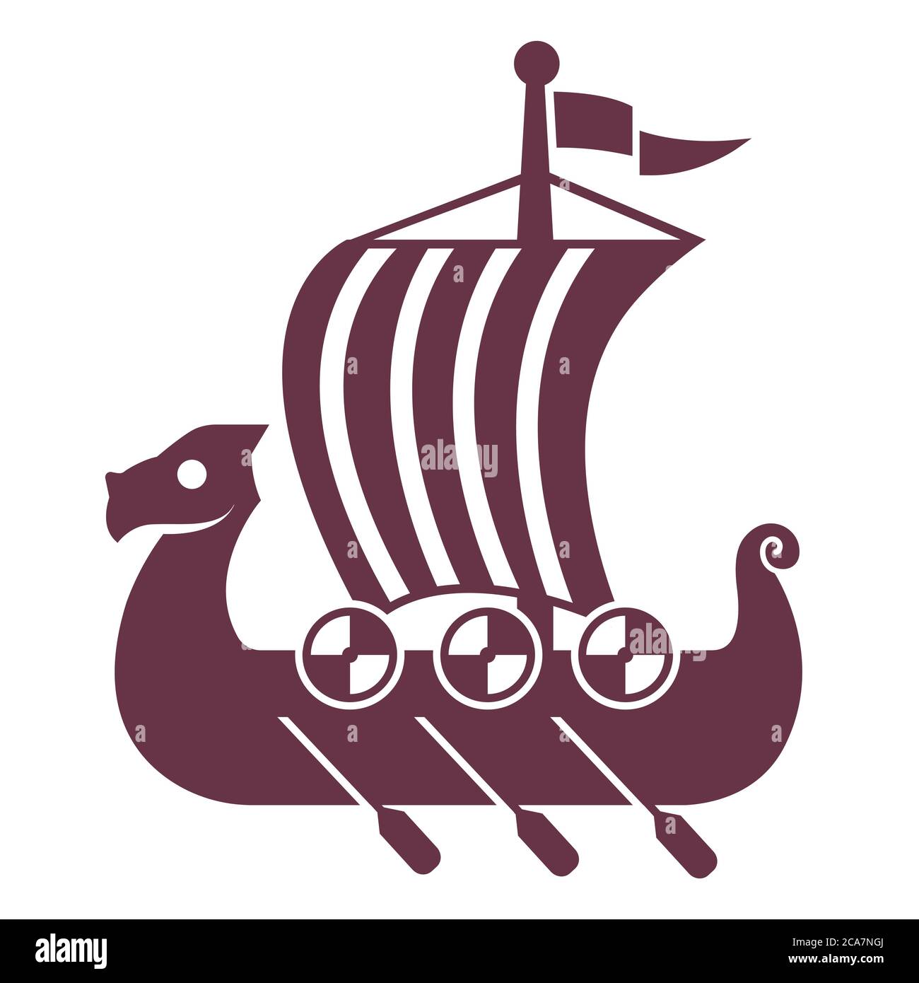 black viking ship icon with sail and oars. flat vector illustration ...