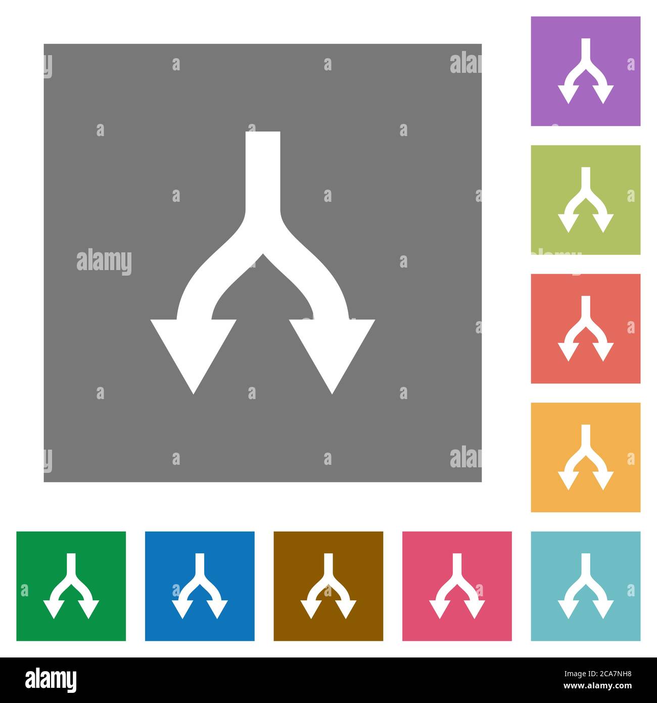 Split arrows down flat icons on simple color square backgrounds Stock ...