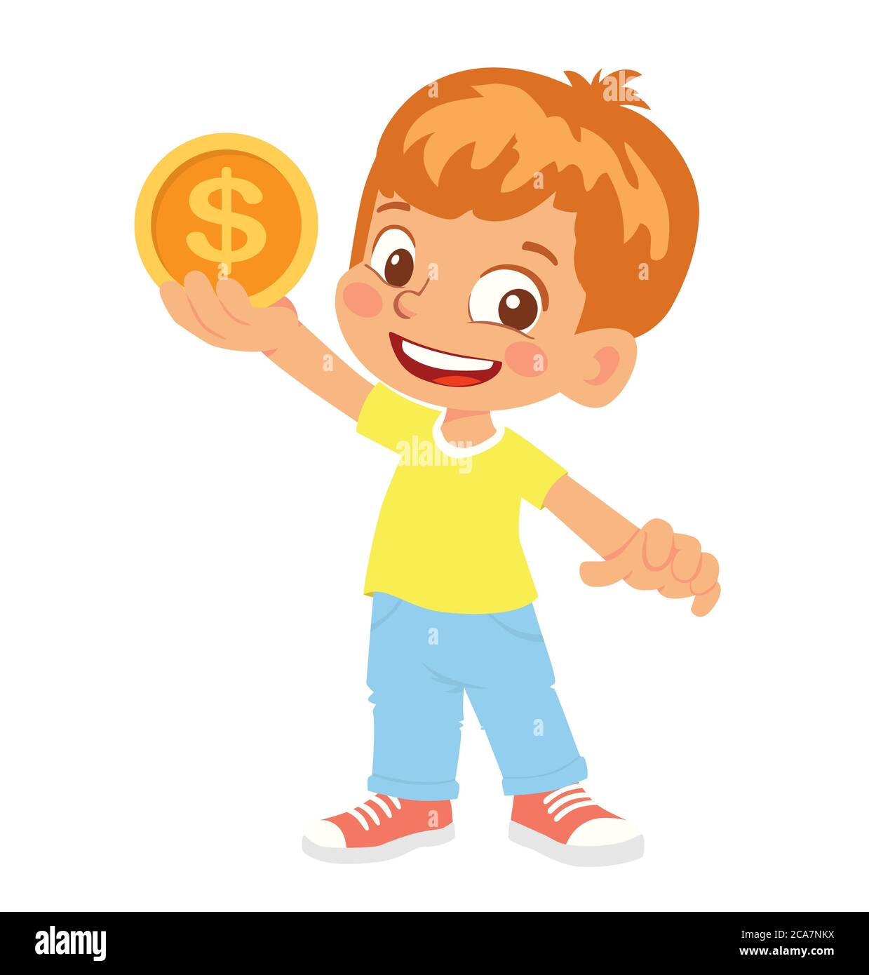 Boy holds coin. Gold coin in hand Stock Photo - Alamy