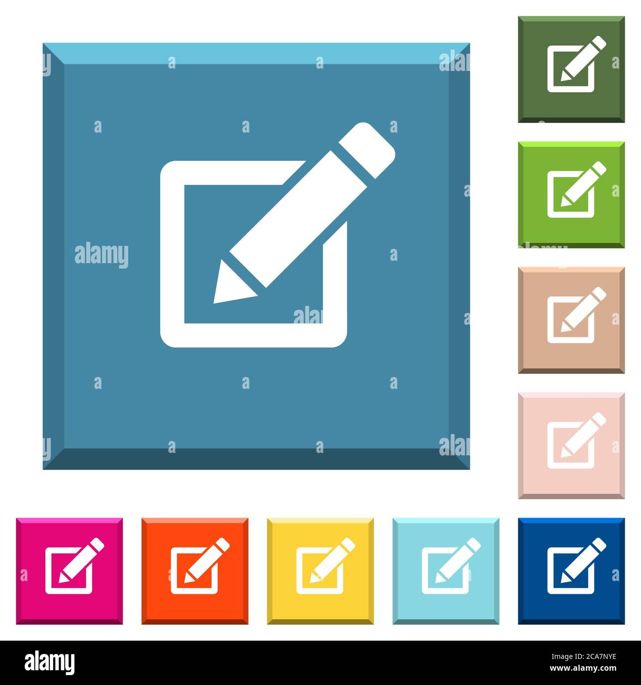 Editing box with pencil white icons on edged square buttons in various ...