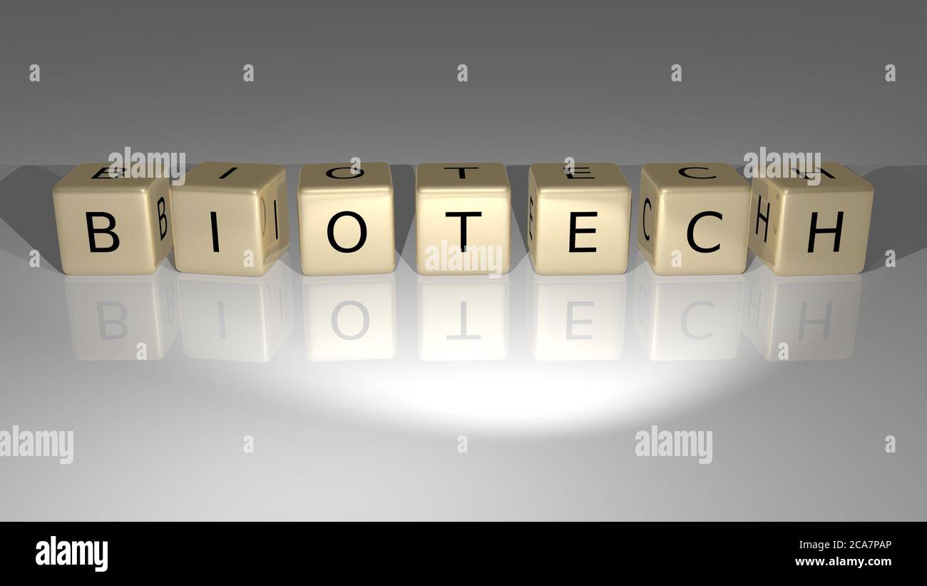 3D illustration of BIOTECH graphics and text made by metallic dice ...