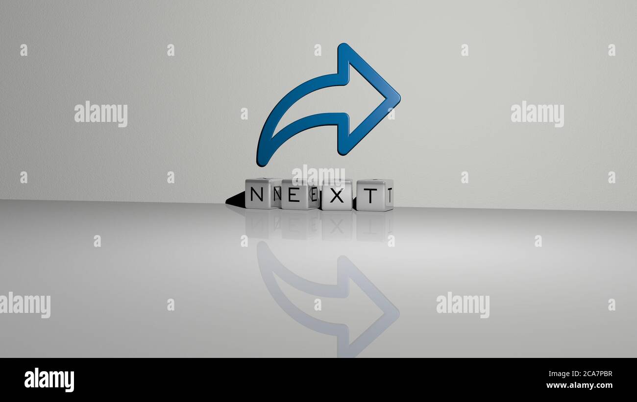 3D illustration of next graphics and text made by metallic dice letters ...
