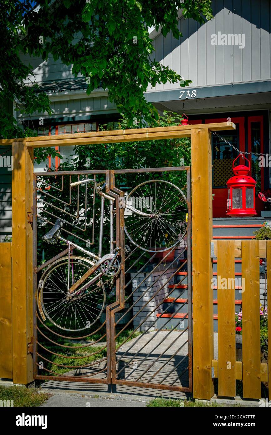 Bicycle welded into garden gate, townsite, Jasper, Alberta Stock Photo ...