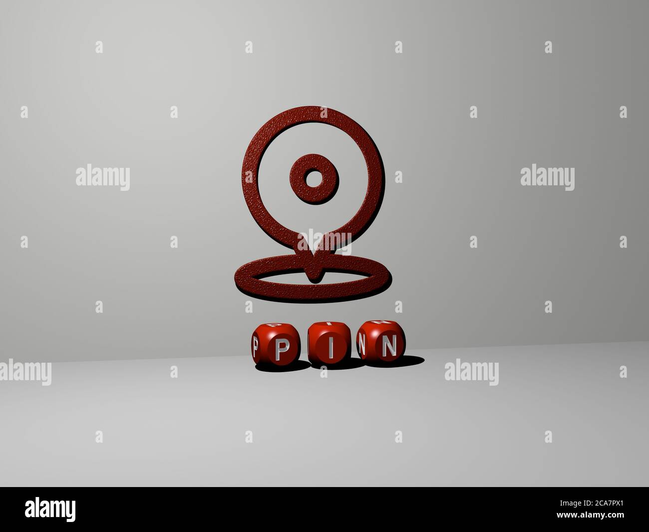 3D illustration of pin graphics and text made by metallic dice letters ...