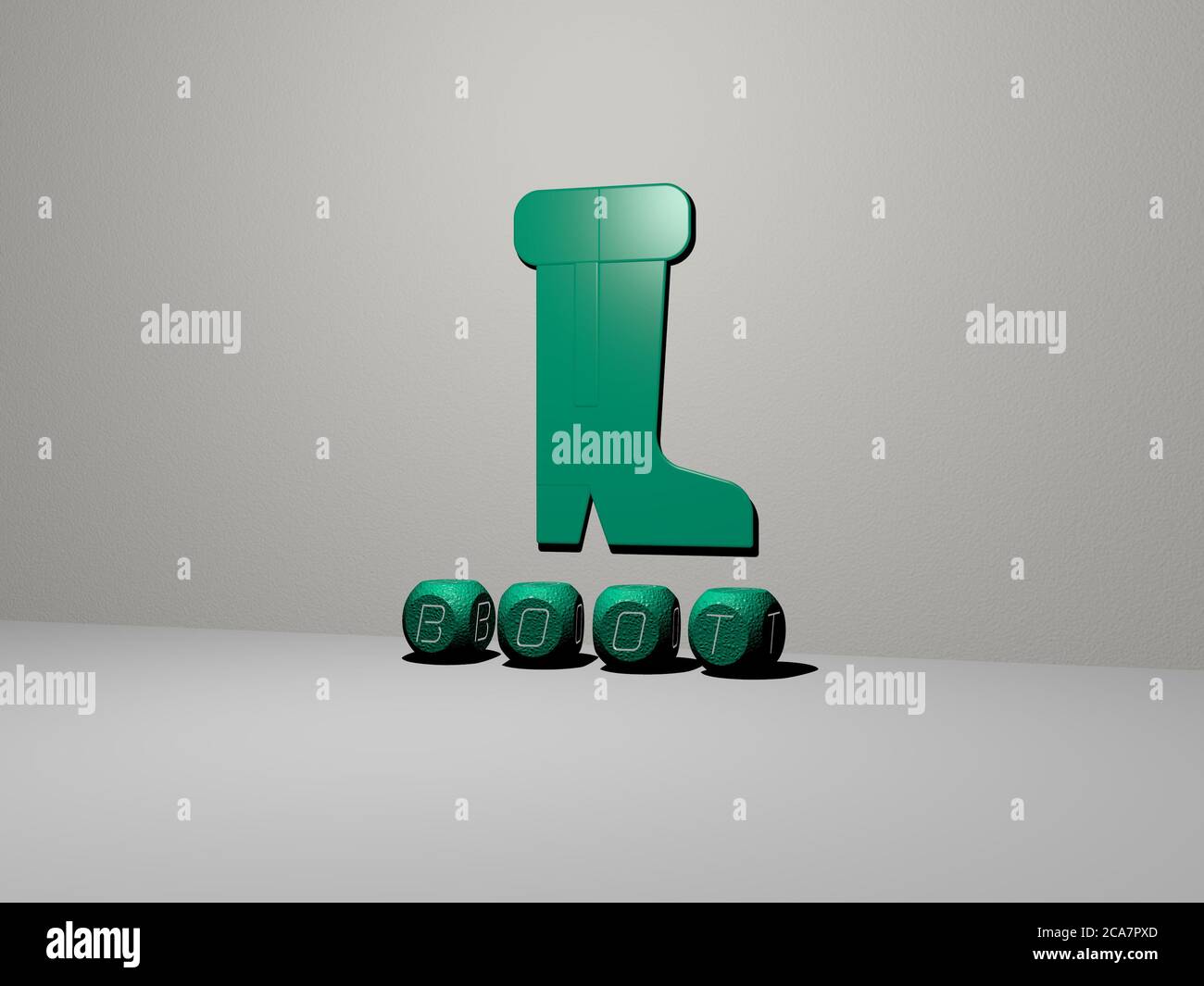 3D illustration of BOOT graphics and text made by metallic dice letters ...