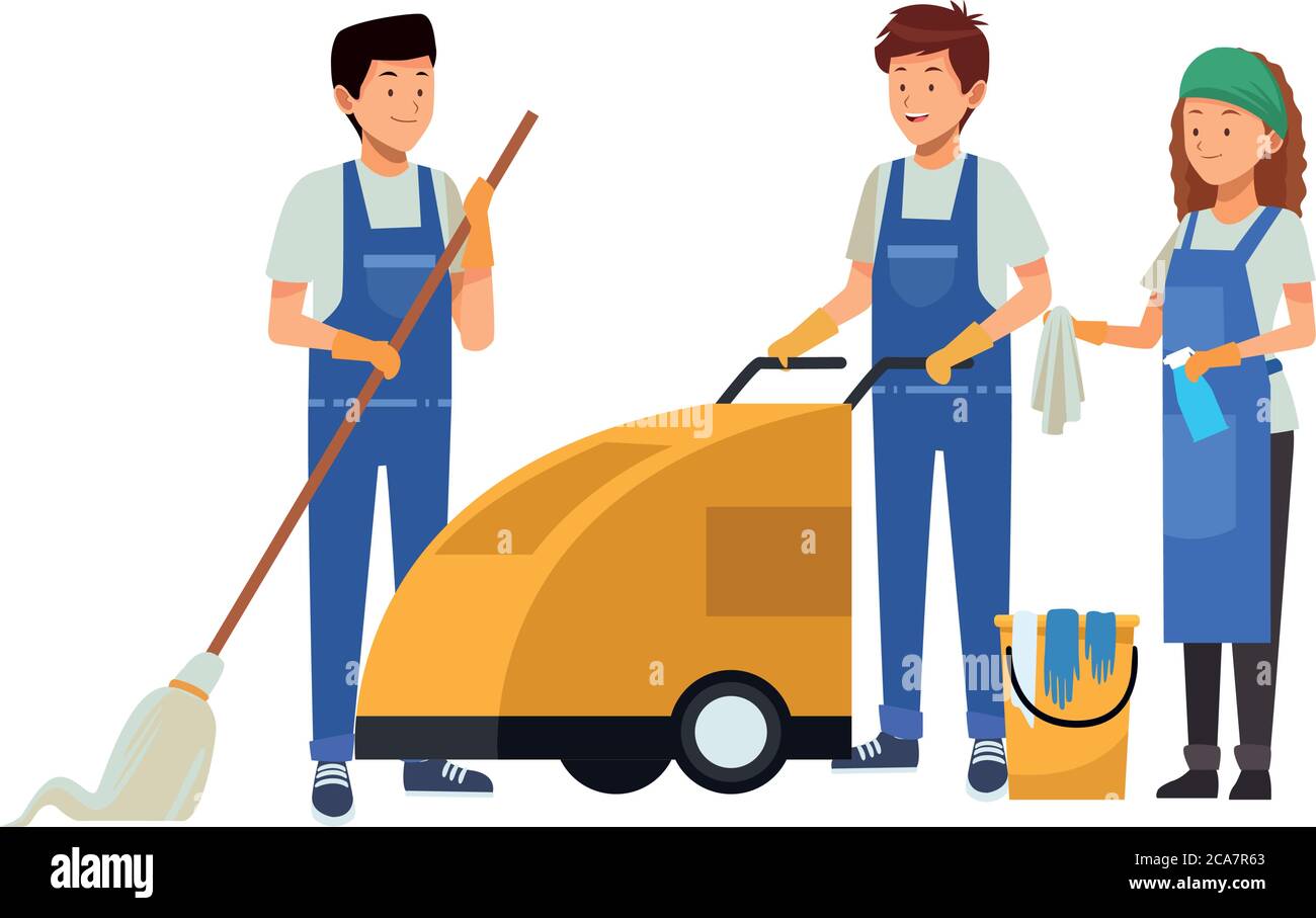 housekeeping team workers with equipment tools vector illustration ...