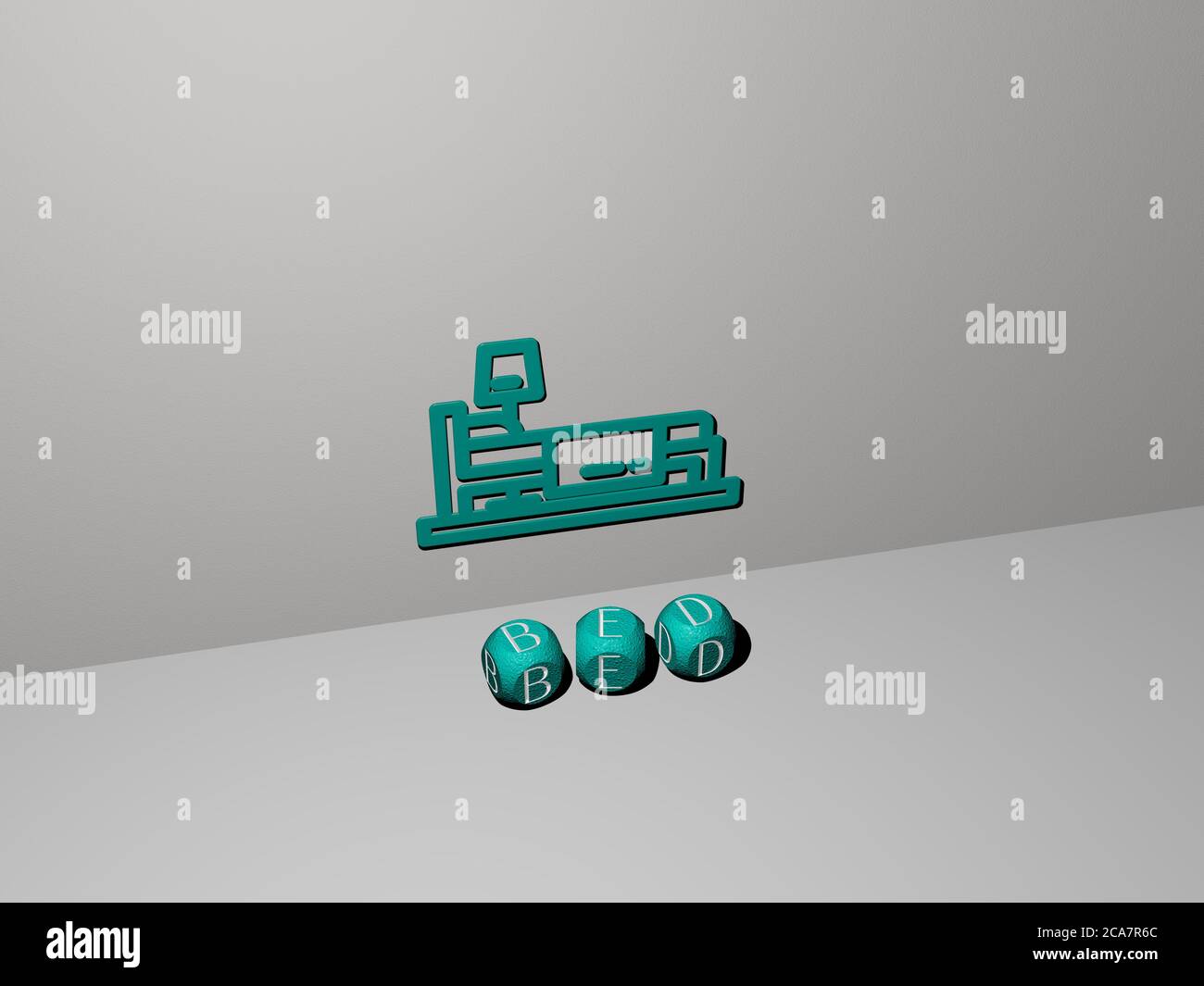 3D representation of bed with icon on the wall and text arranged by ...