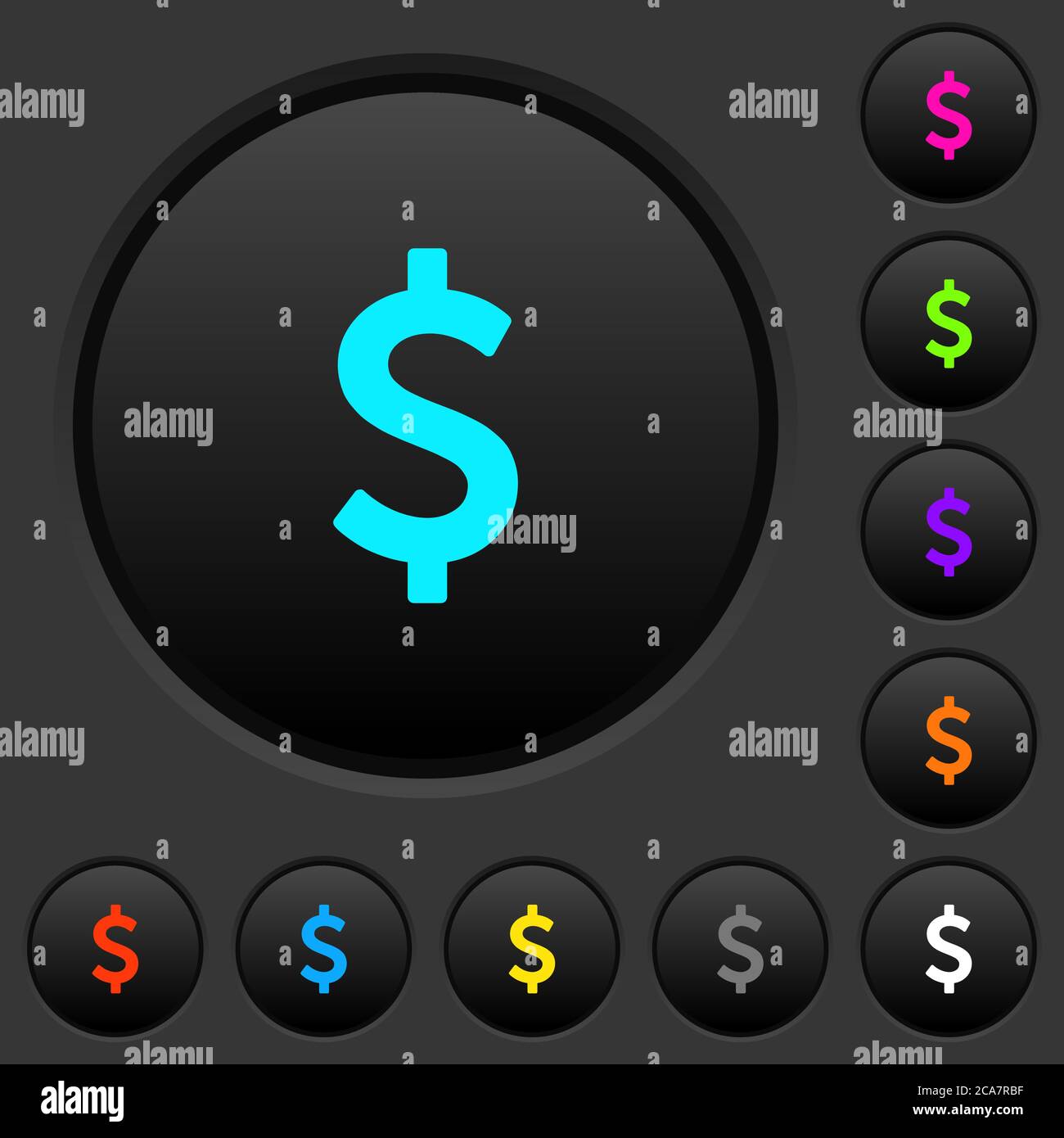 Dollar sign dark push buttons with vivid color icons on dark grey ...