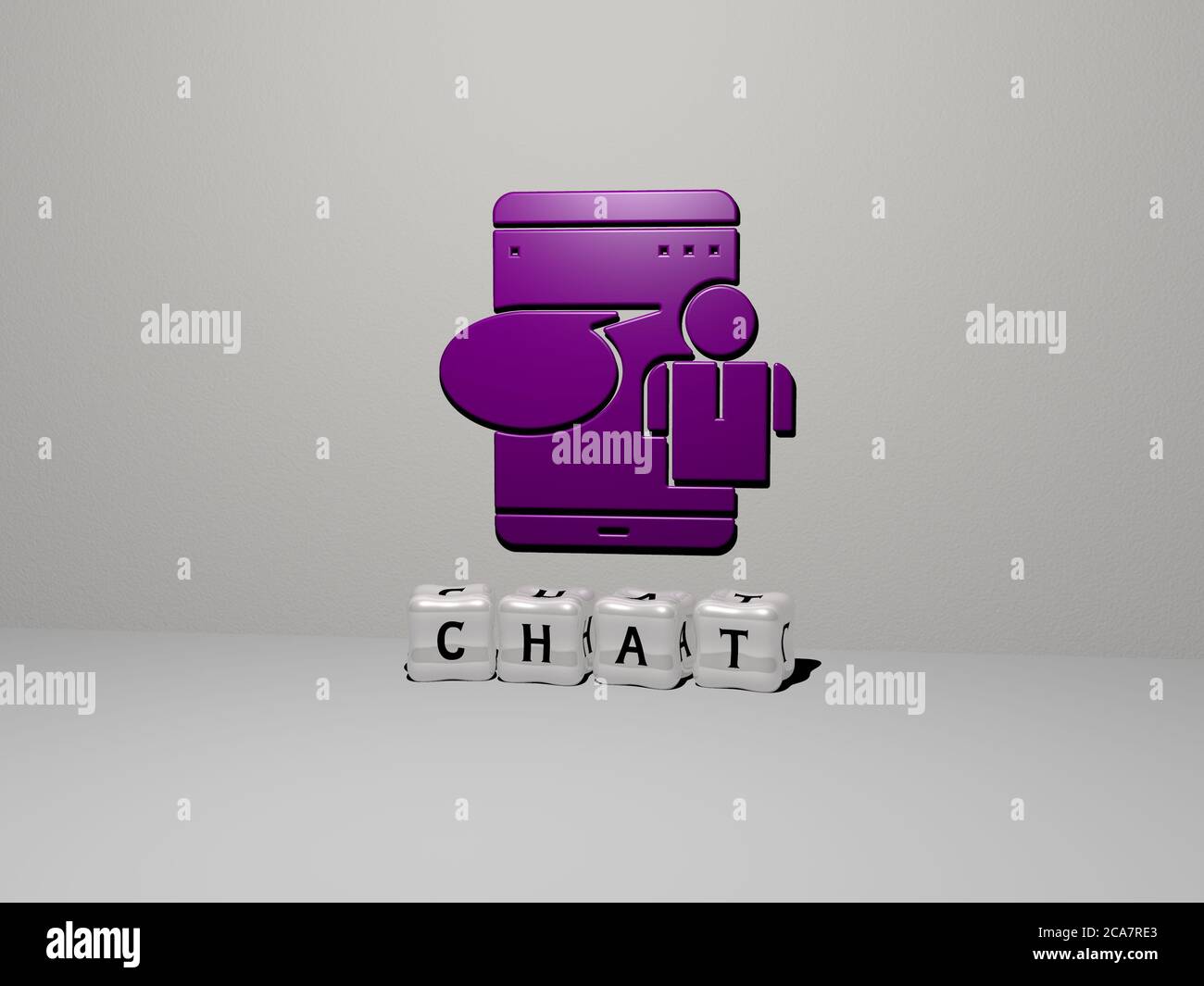 3D illustration of chat graphics and text made by metallic dice letters ...