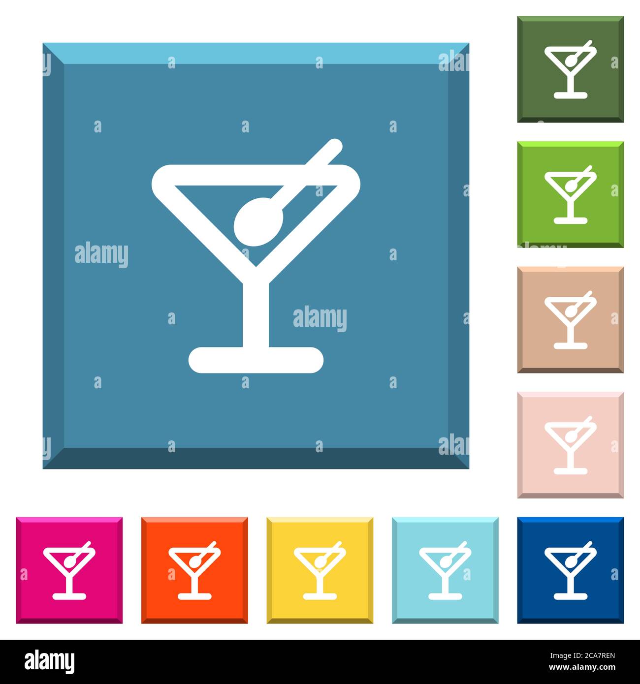 Cocktail white icons on edged square buttons in various trendy colors ...