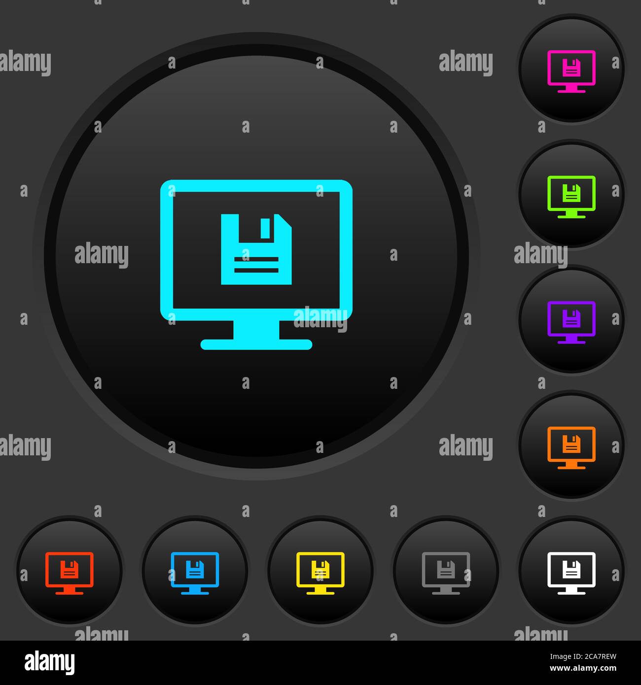 Save display settings dark push buttons with vivid color icons on dark grey background Stock ...