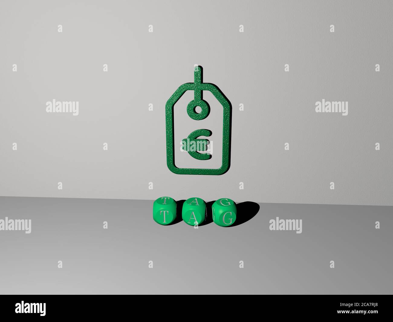 3D illustration of TAG graphics and text made by metallic dice letters ...