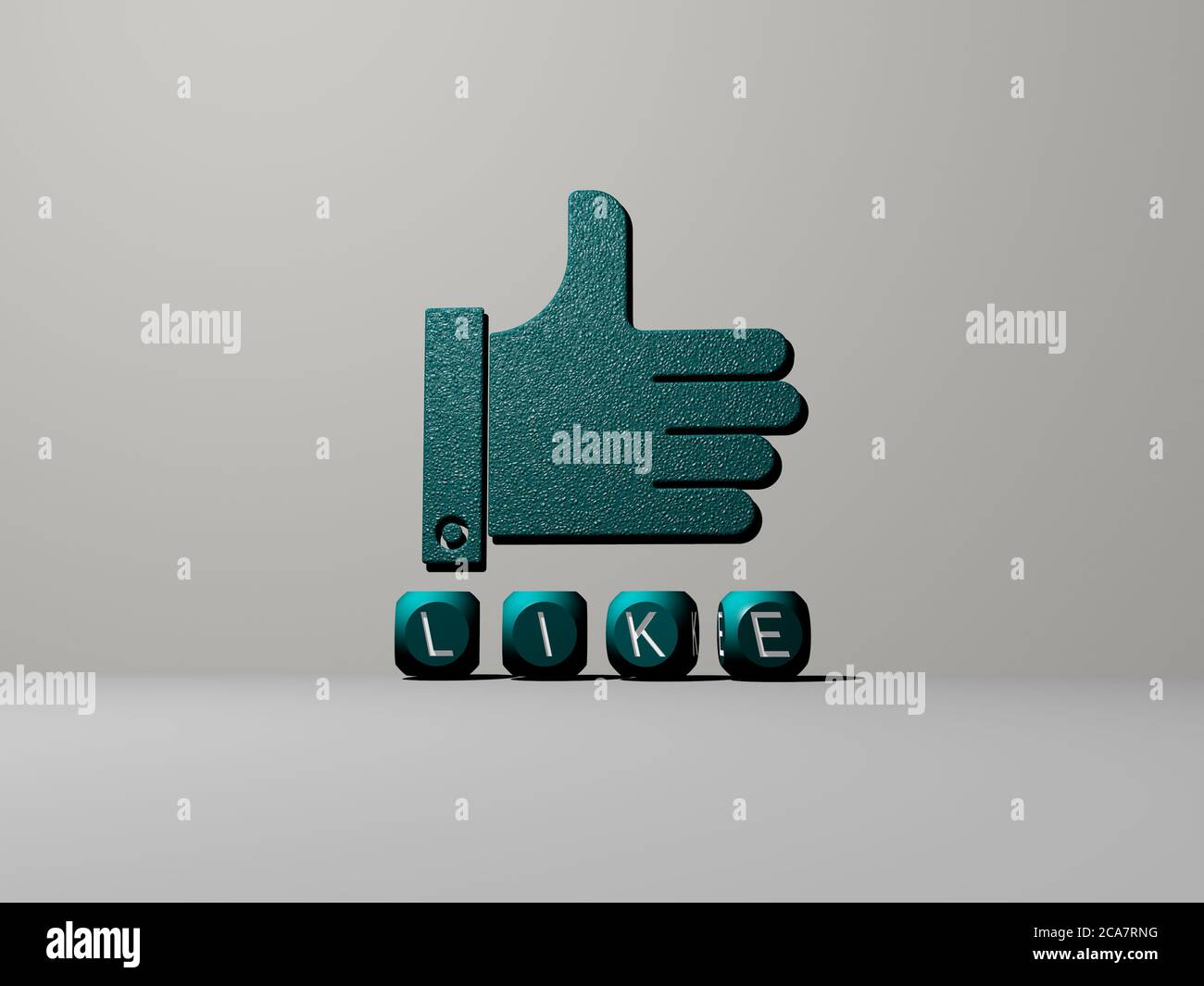 3D illustration of like graphics and text made by metallic dice letters ...