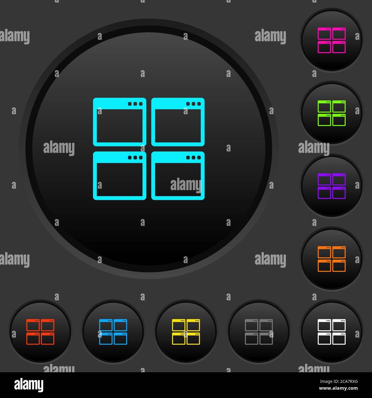 Mosaic window view mode dark push buttons with vivid color icons on dark grey background Stock ...