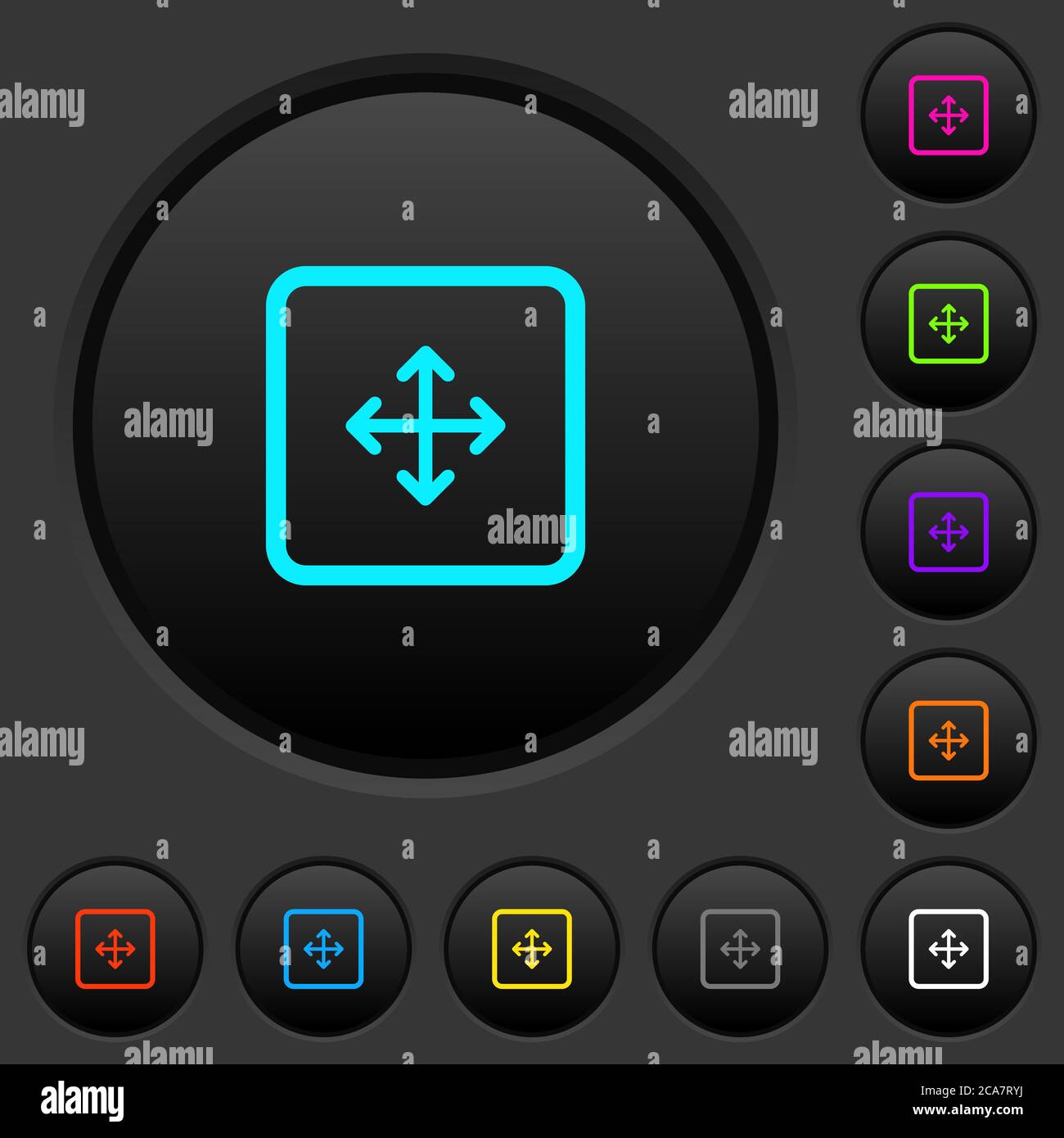 Drag object dark push buttons with vivid color icons on dark grey ...