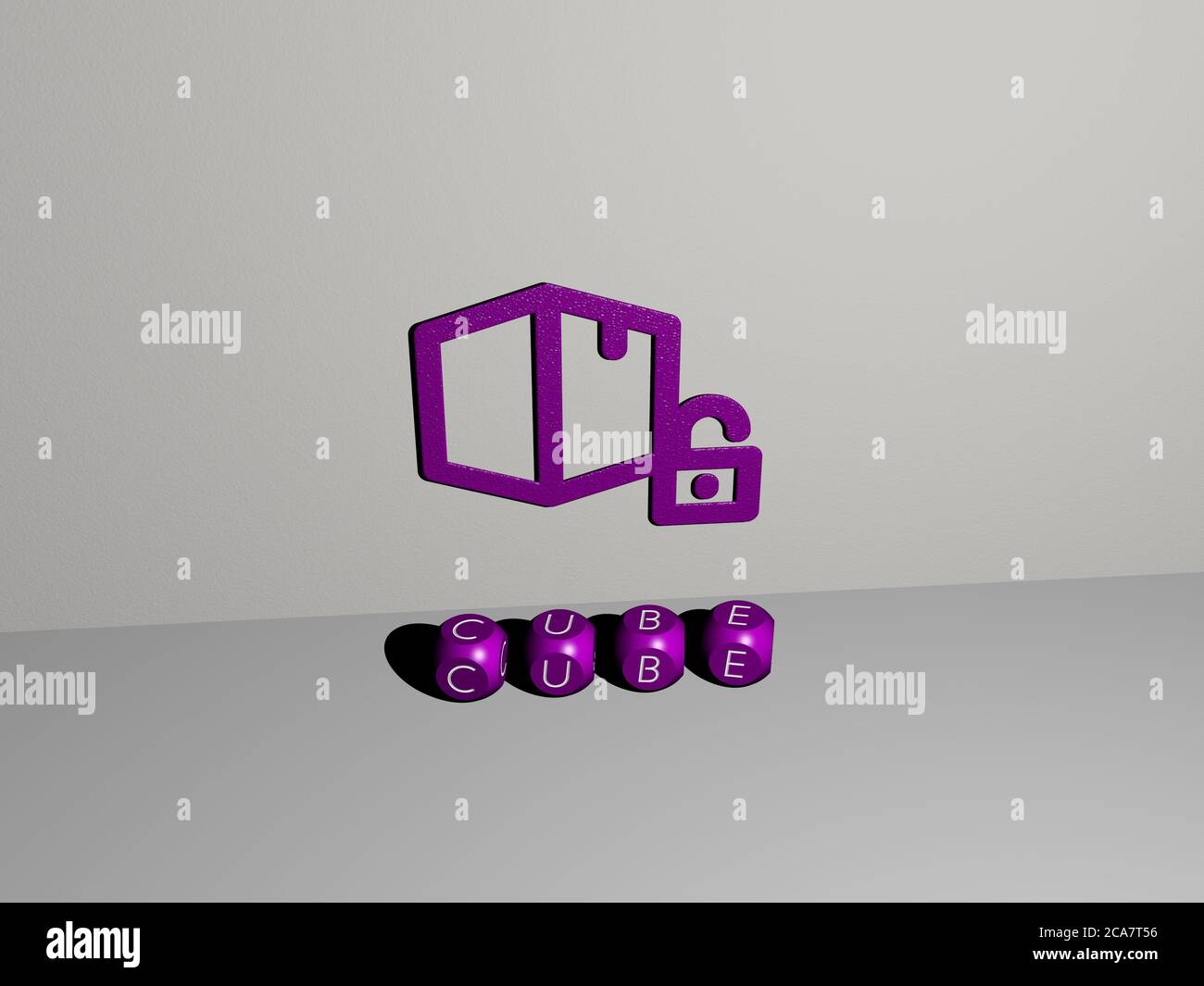 3D representation of CUBE with icon on the wall and text arranged by ...