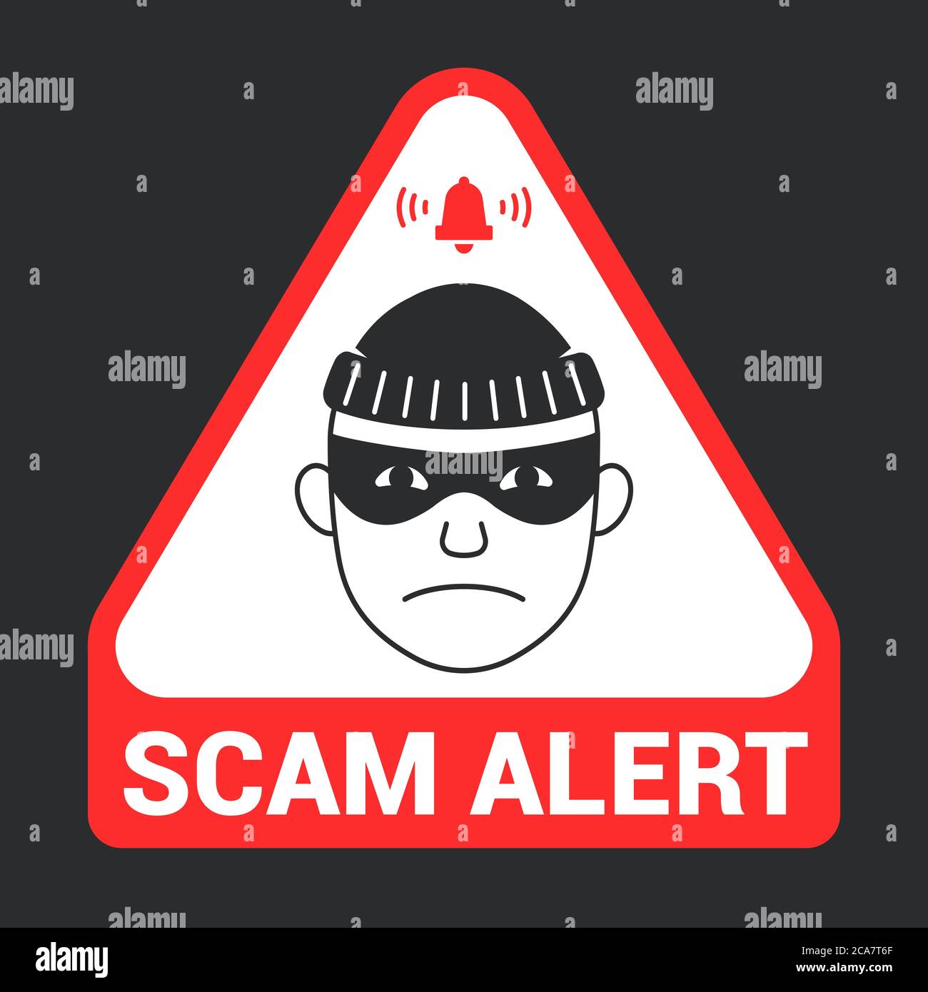red triangular emblem scam alert. thief icon. flat vector illustration ...