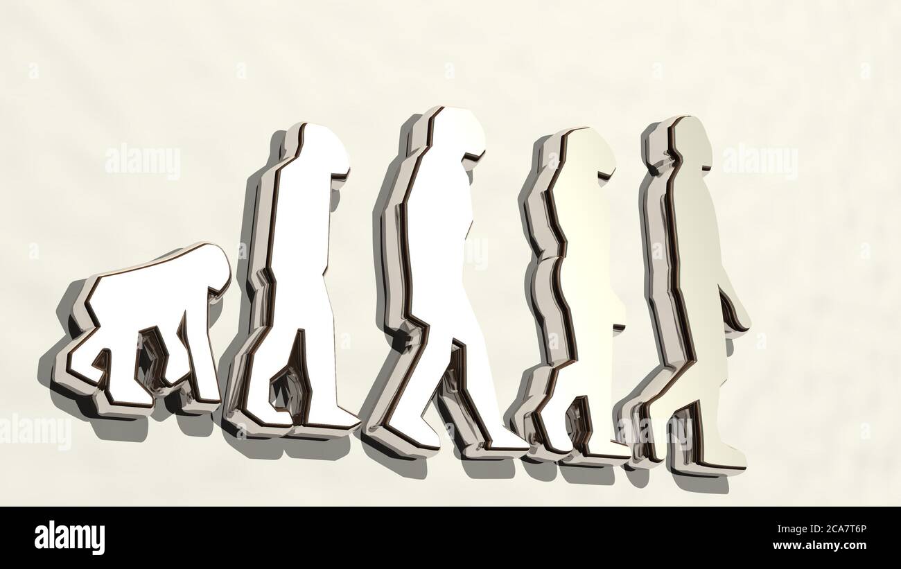 evolution of human from monkey made by 3D illustration of a shiny ...