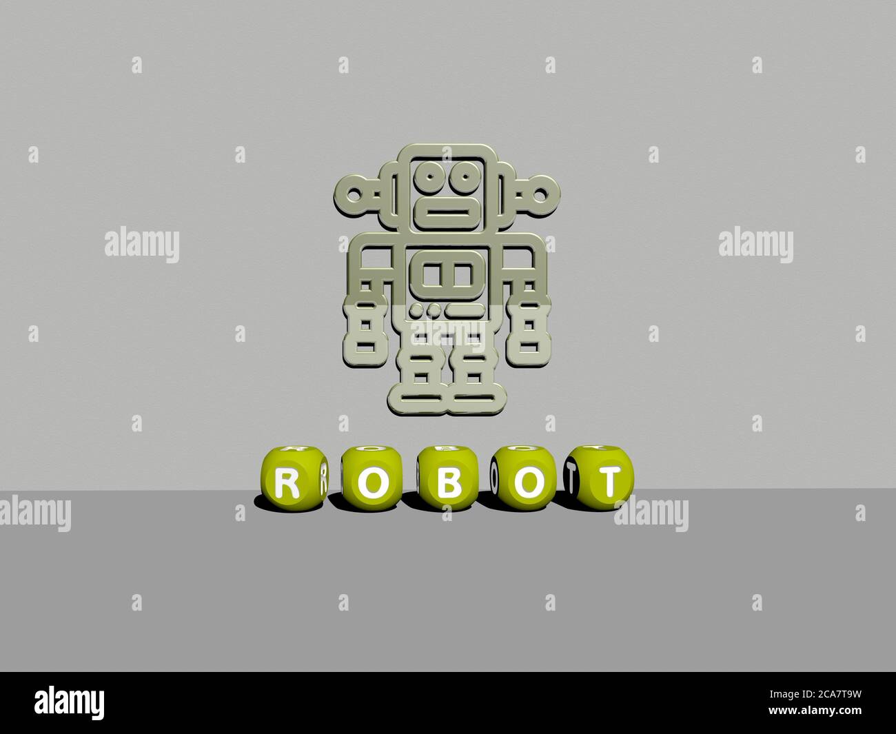 3D representation of robot with icon on the wall and text arranged by ...