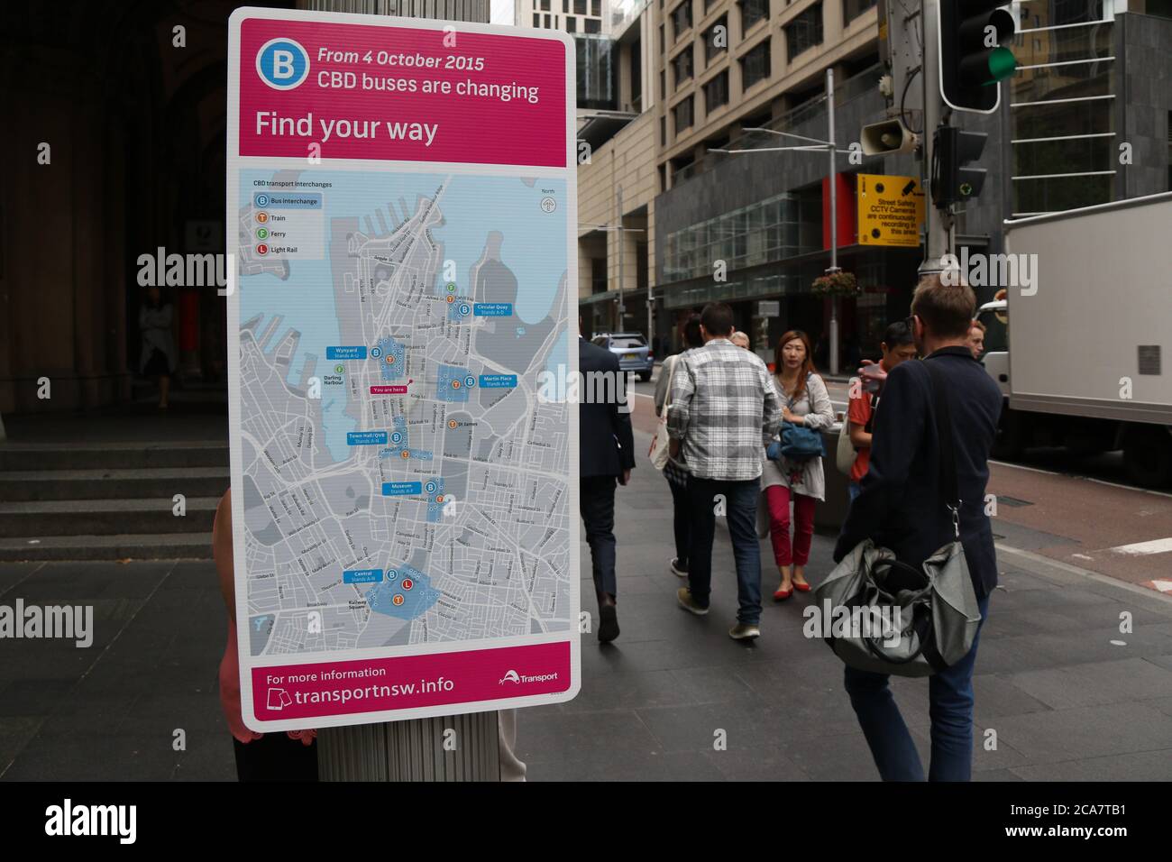A sign on George Street, Sydney provides information about bus route ...