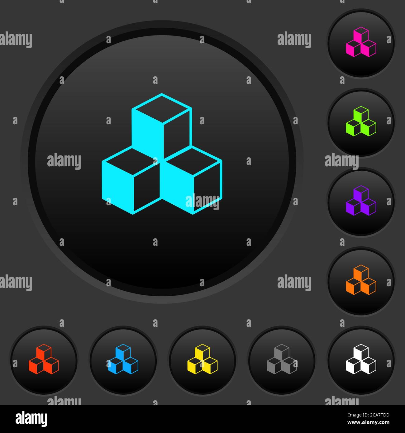 Cubes dark push buttons with vivid color icons on dark grey background ...