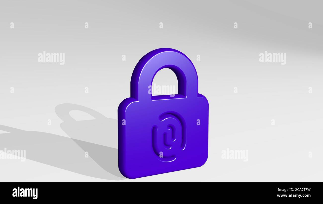 TOUCH ID LOCK stand with shadow. 3D illustration of metallic sculpture ...