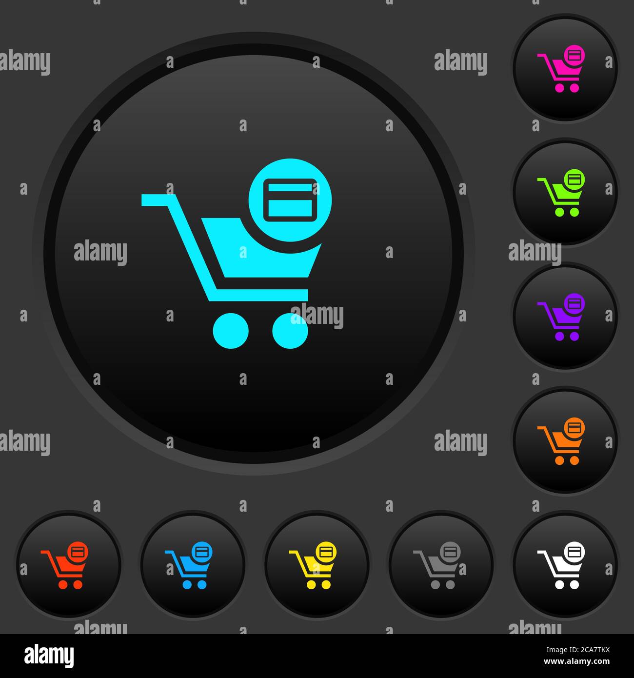 Credit card checkout dark push buttons with vivid color icons on dark ...