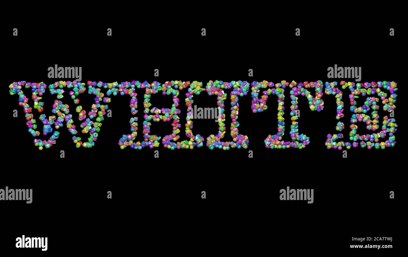 WHITE written in 3D illustration by colorful small objects casting ...