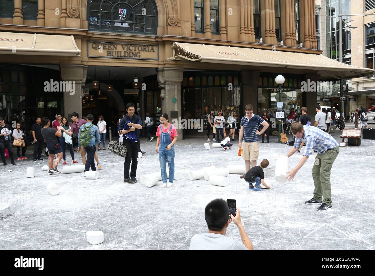 Members of the public break off bits from the large pieces of chalk and ...