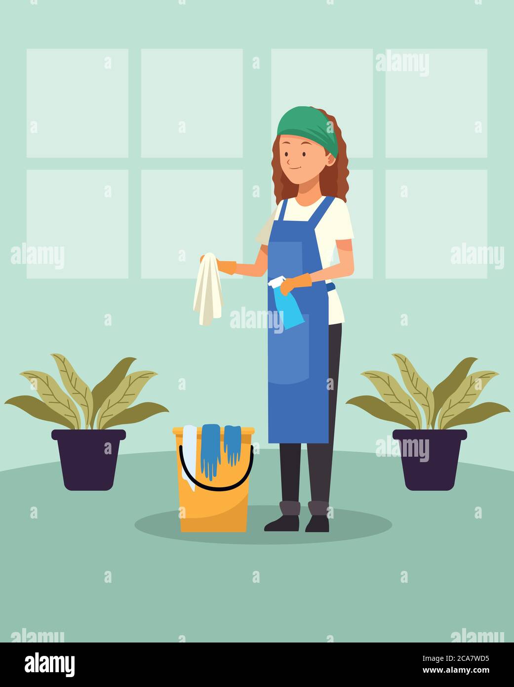 housekeeping female worker with bucket and spray bottle avatar ...