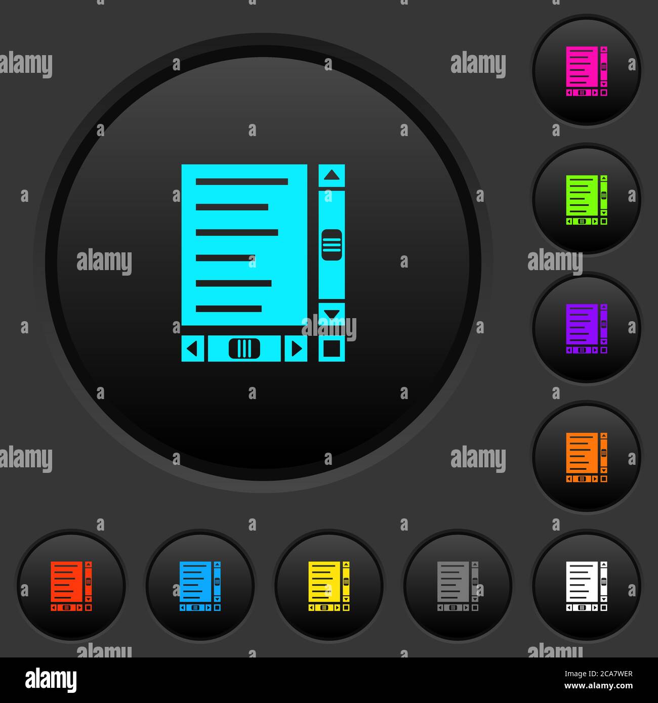 Document with content and scroll bars dark push buttons with vivid color icons on dark grey ...