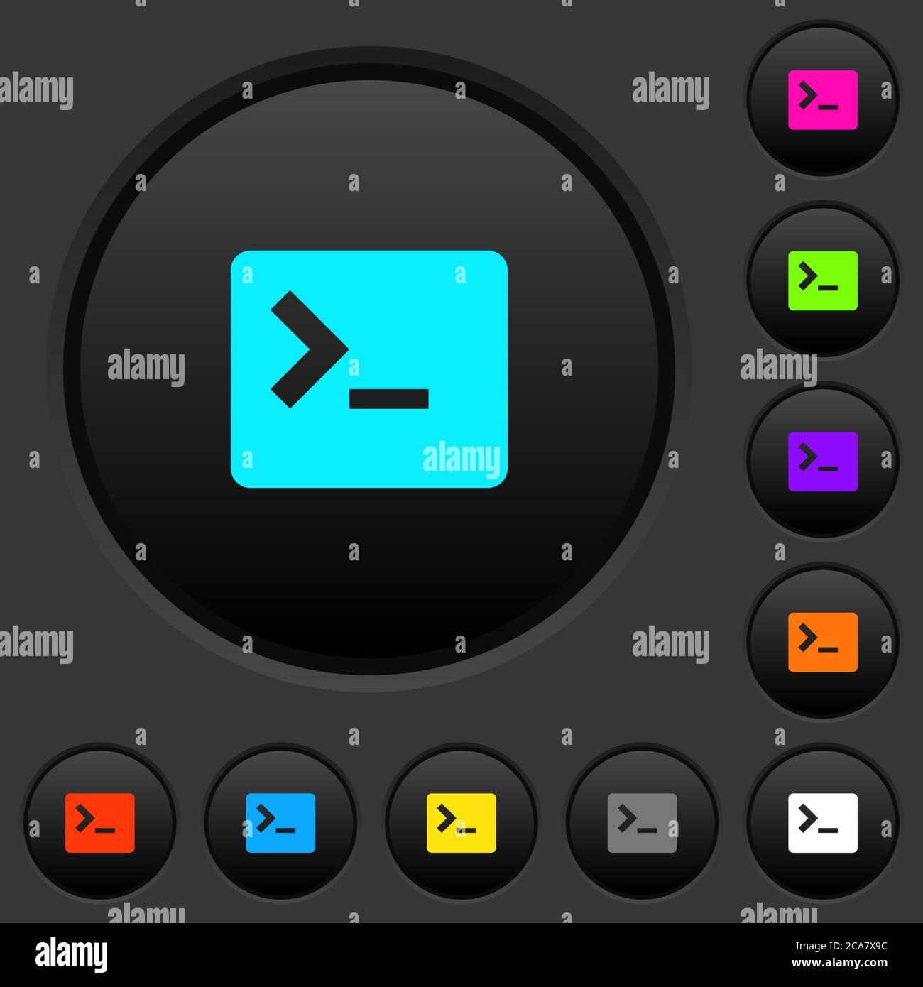 Command terminal dark push buttons with vivid color icons on dark grey ...
