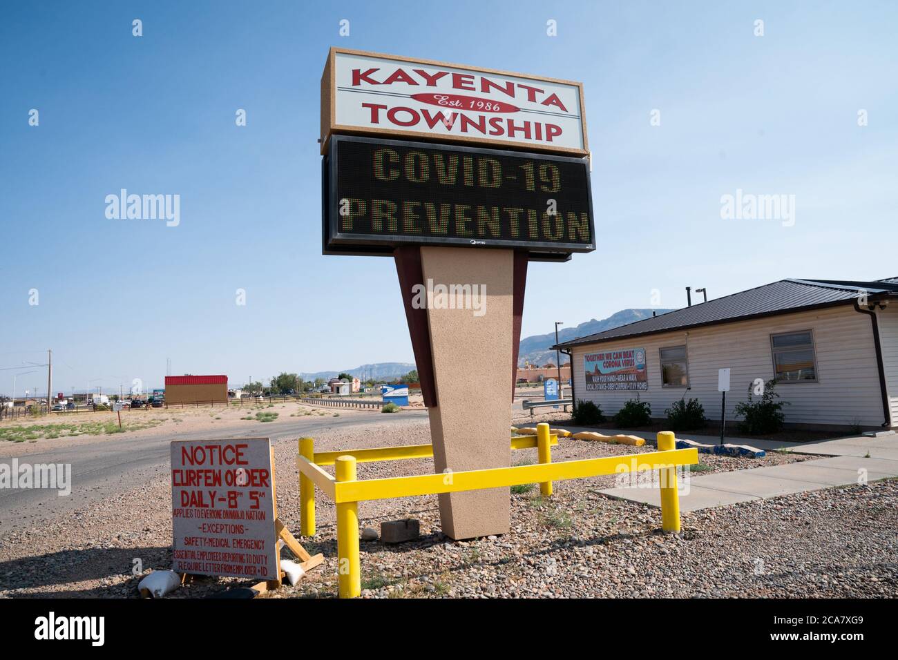 Kayenta, AZ, USA. 4th Aug, 2020. A billboard advises people about COVID ...