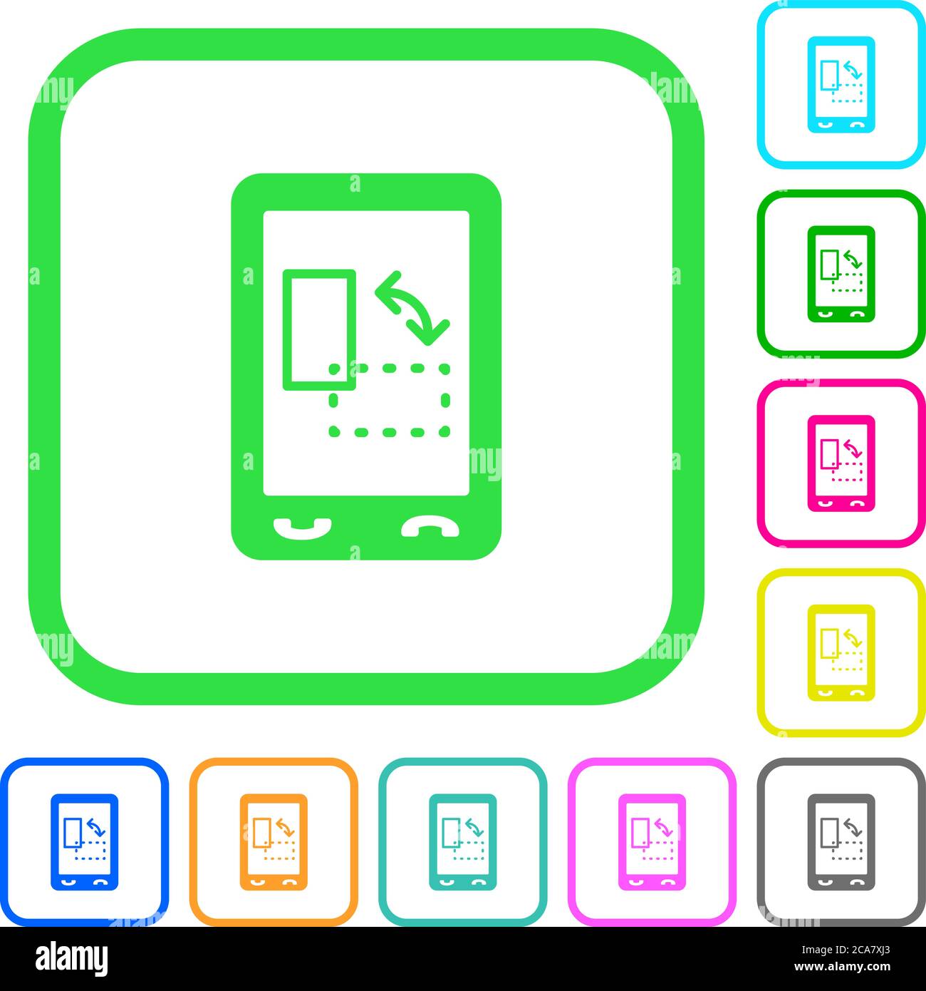 Change mobile display orientation vivid colored flat icons in curved borders on white background ...