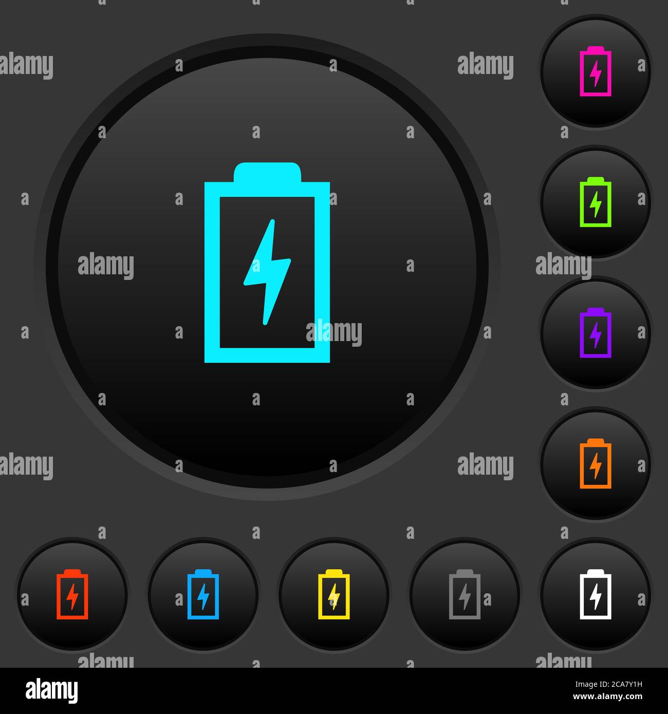 Battery with energy symbol dark push buttons with vivid color icons on ...