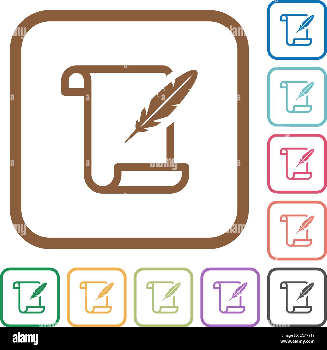 Paper scroll with feather simple icons in color rounded square frames on white background Stock ...