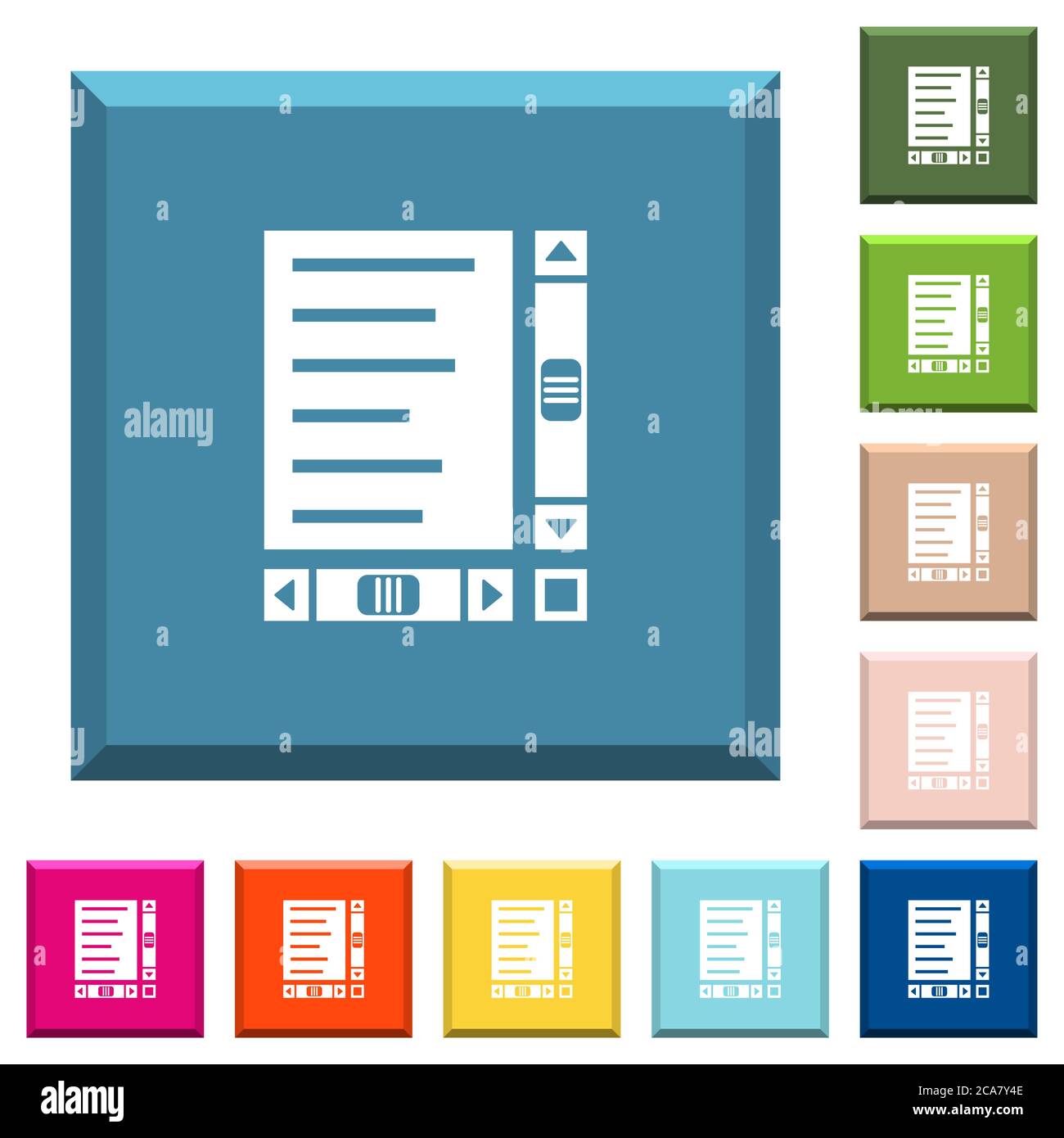 Document with content and scroll bars white icons on edged square buttons in various trendy ...