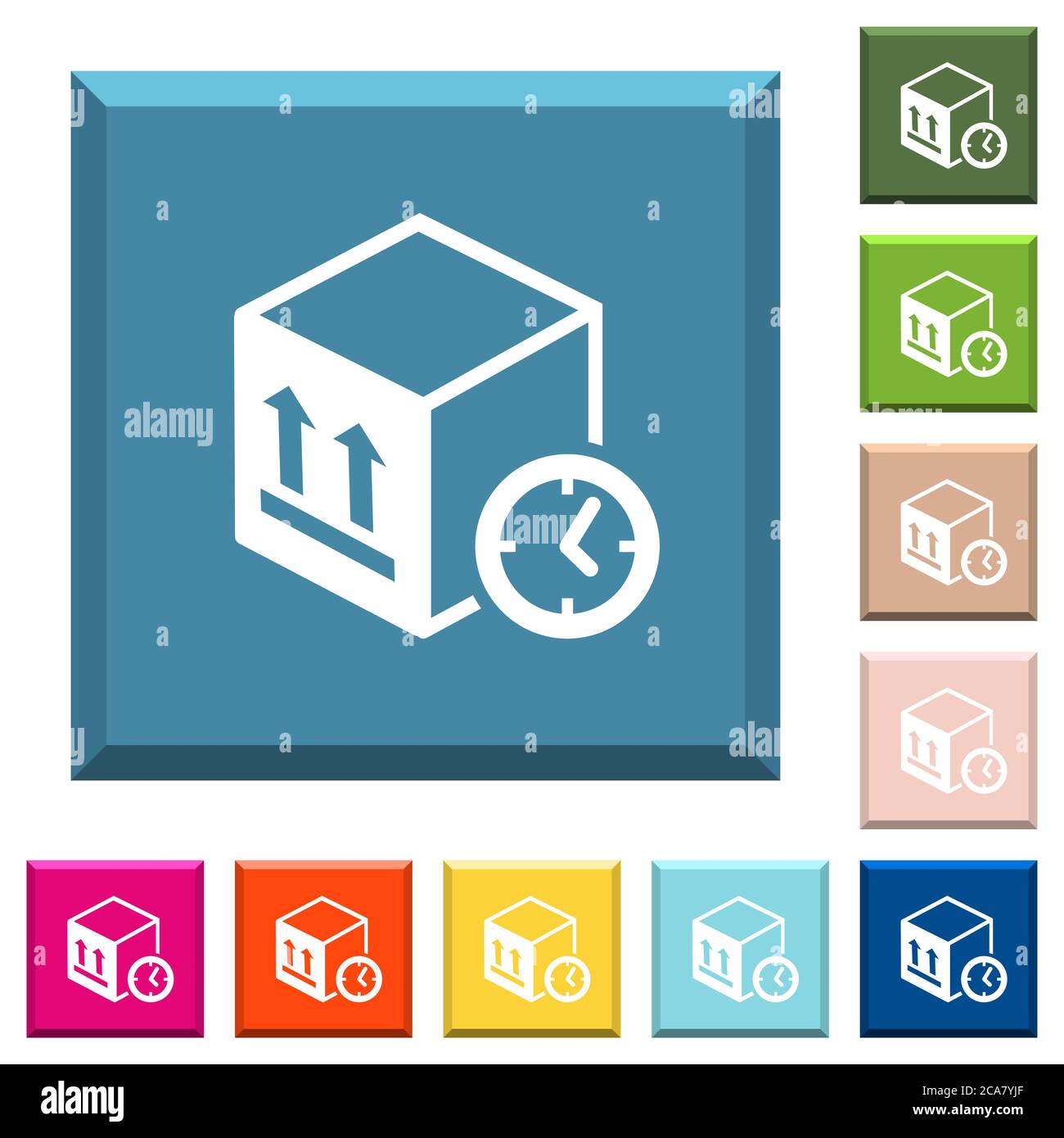 Package shipping time white icons on edged square buttons in various ...