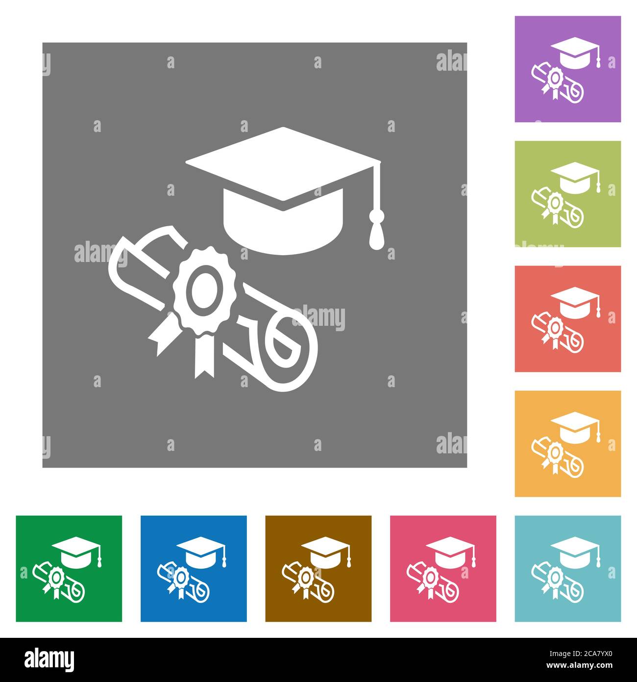 Graduation ceremony flat icons on simple color square backgrounds Stock ...