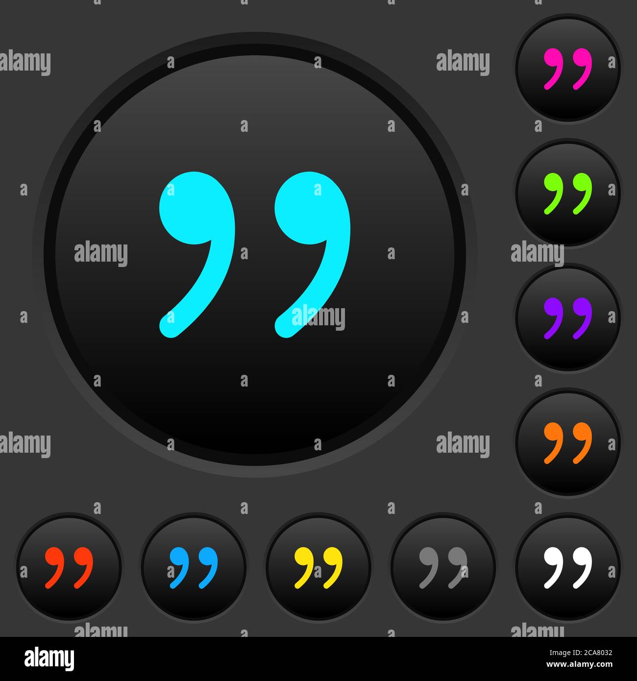 Quotation mark dark push buttons with vivid color icons on dark grey ...