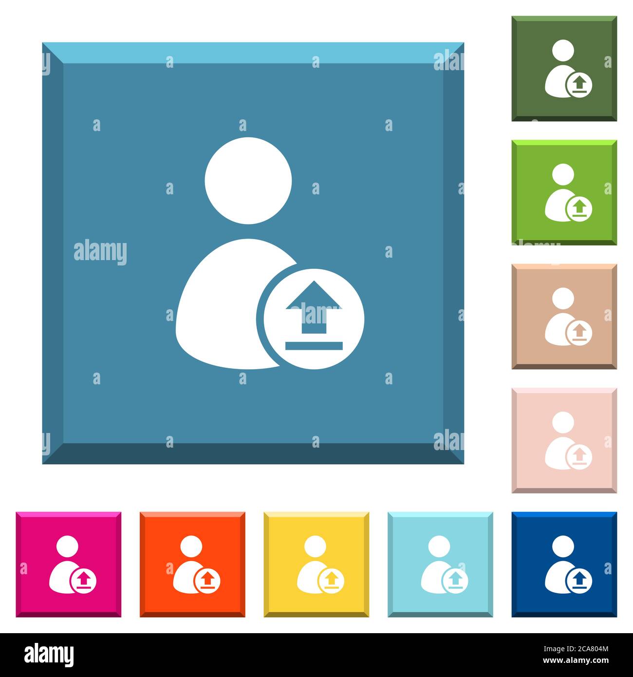 Upload user account white icons on edged square buttons in various ...