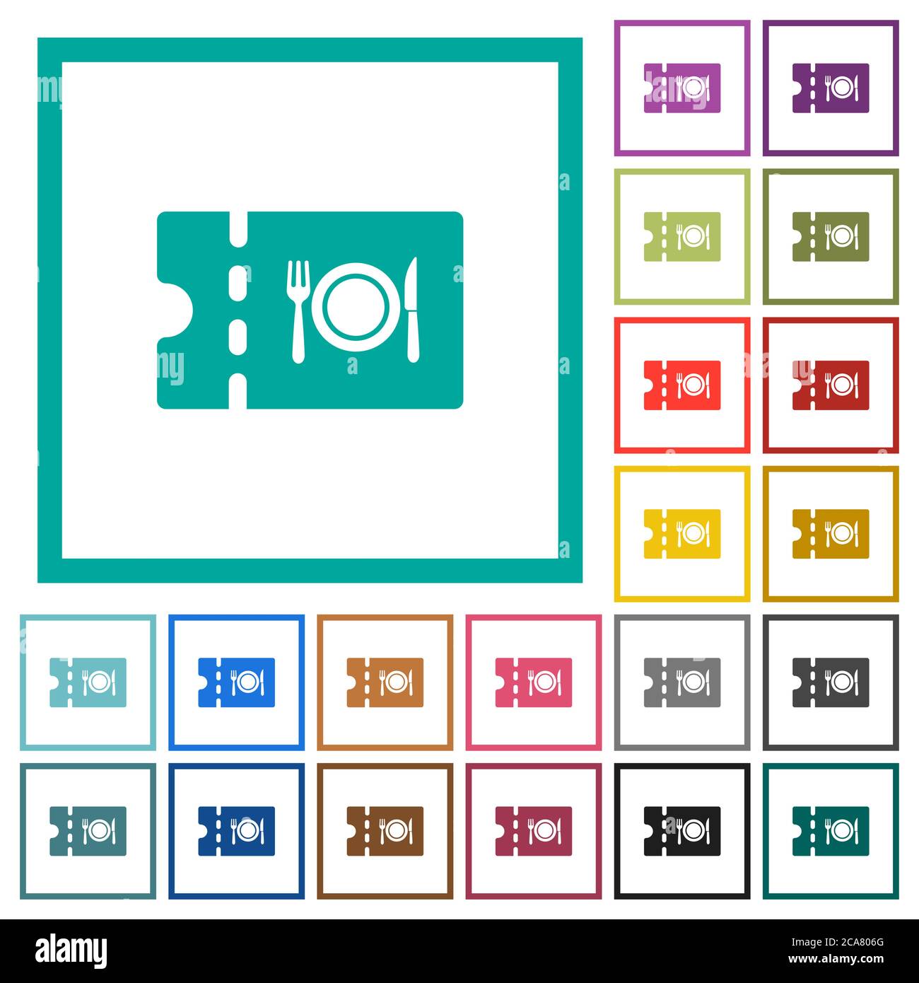 Eating discount coupon flat color icons with quadrant frames on white ...
