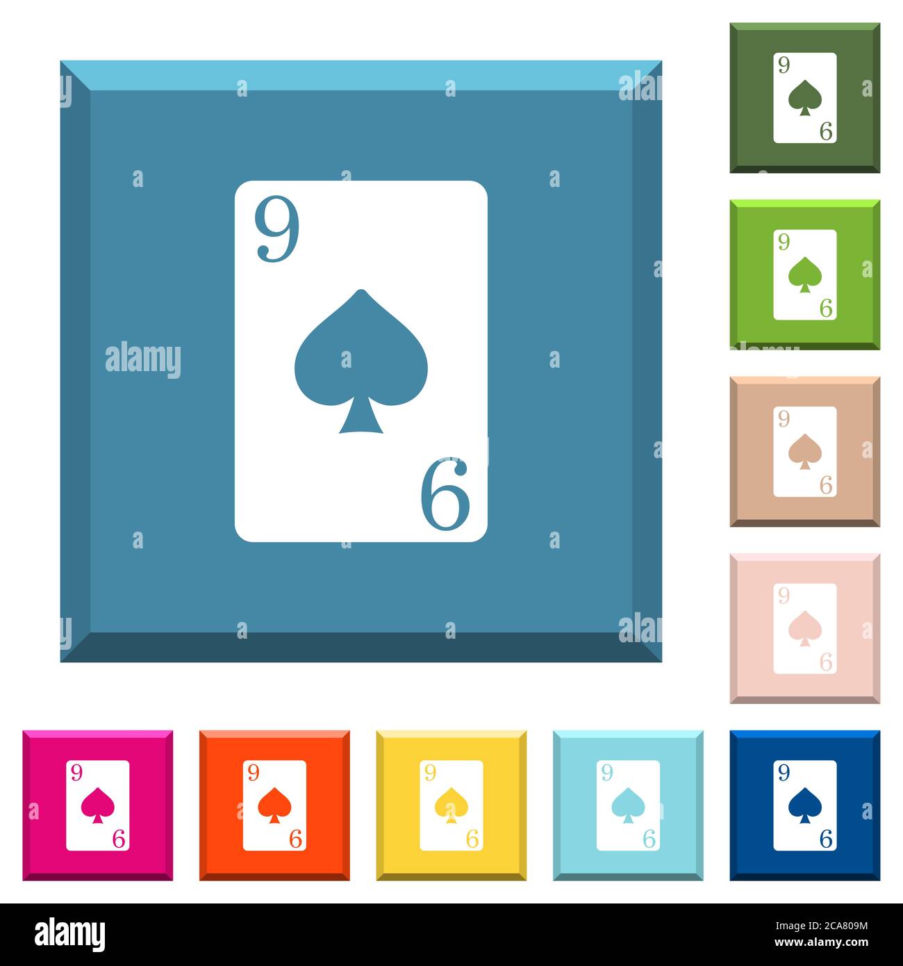 Nine of spades card white icons on edged square buttons in various ...