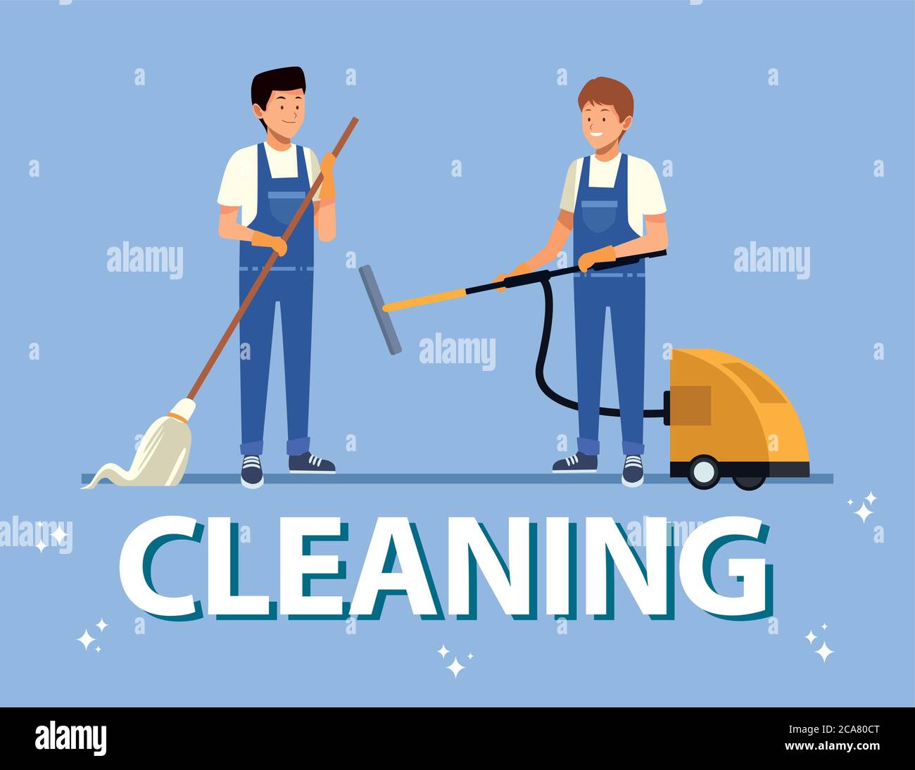 housekeeping team male workers with equipment tools vector illustration ...