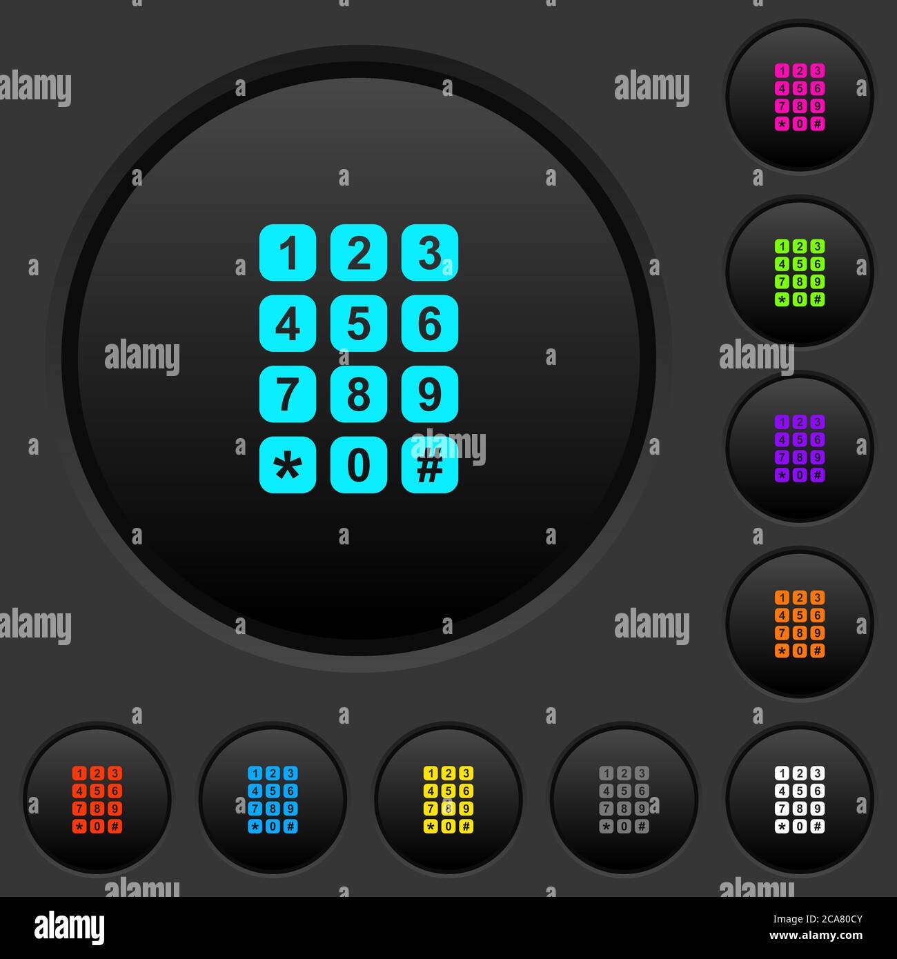 Numeric keypad dark push buttons with vivid color icons on dark grey background Stock Vector ...
